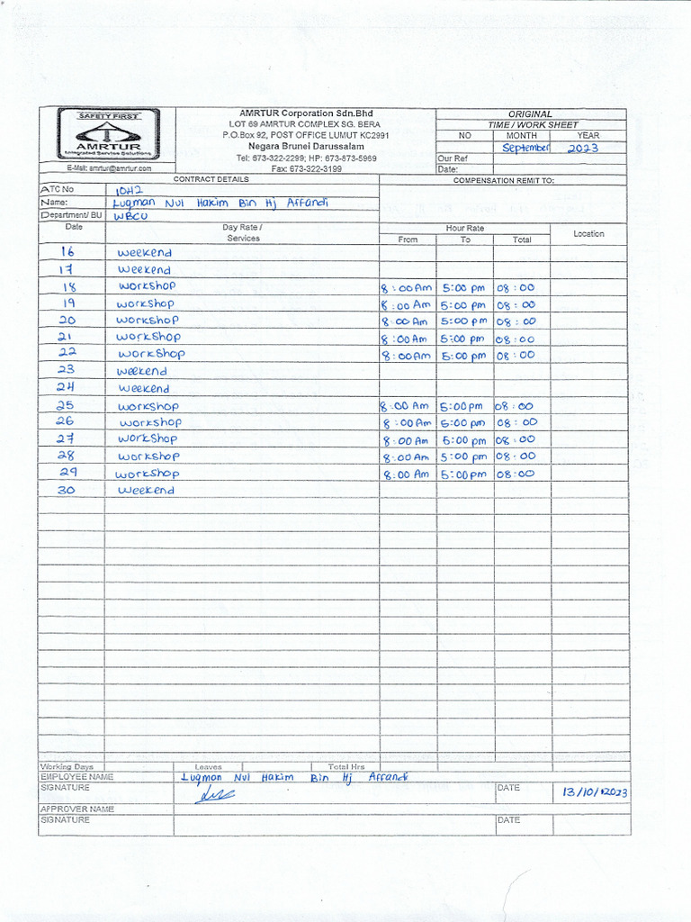 Luqman Timesheet Sept-Oct 2023 | PDF