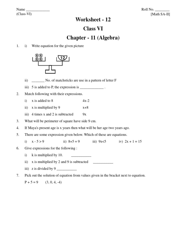 CBSE Class 6 Algebra Worksheet | PDF