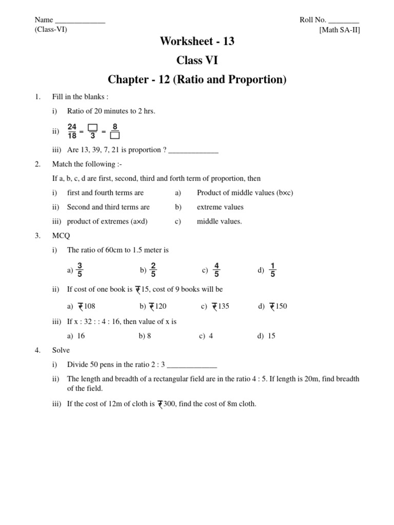 Class 6 Ratio and Proportion Worksheet | PDF
