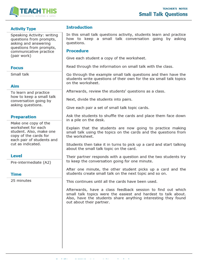 Small Talk Questions | PDF | Communication | Human Communication