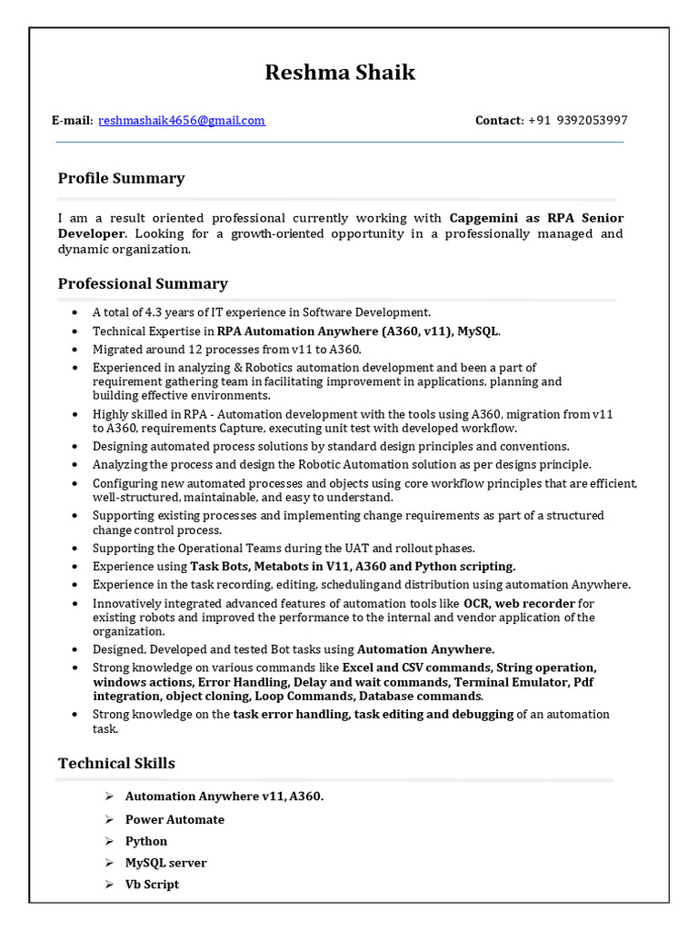 RPA Senior Developer Resume - Reshma Shaik | PDF | Automation | Computing