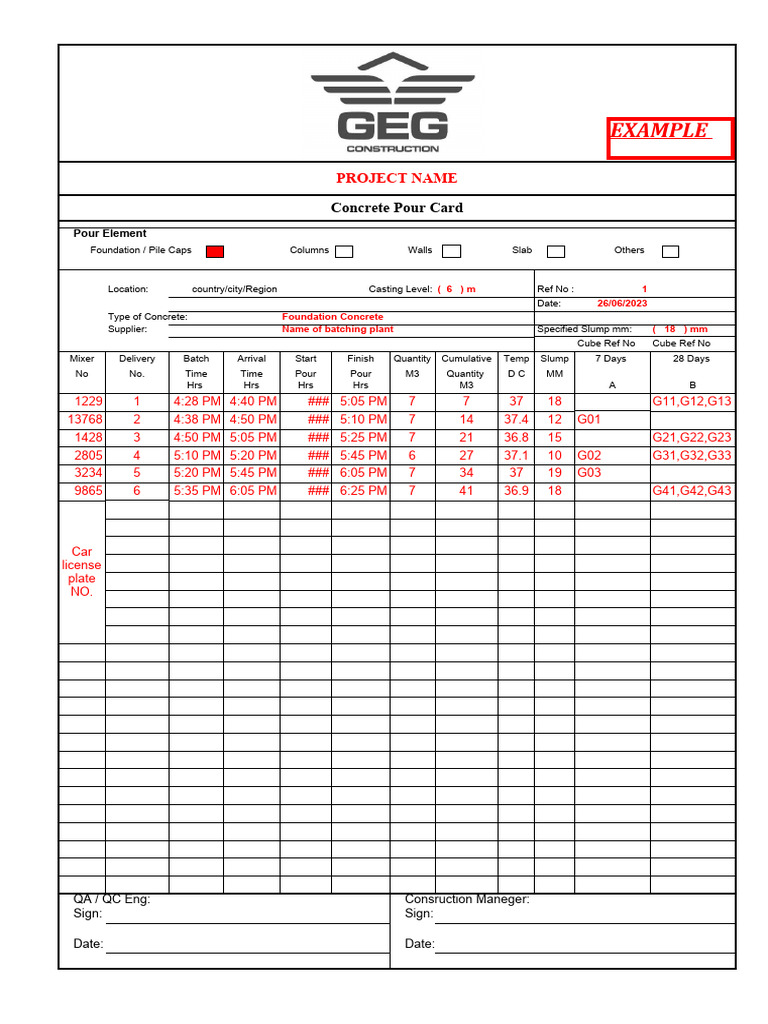 FM - 20 - Concrete Pour Card | Download Free PDF | Microsoft Excel ...
