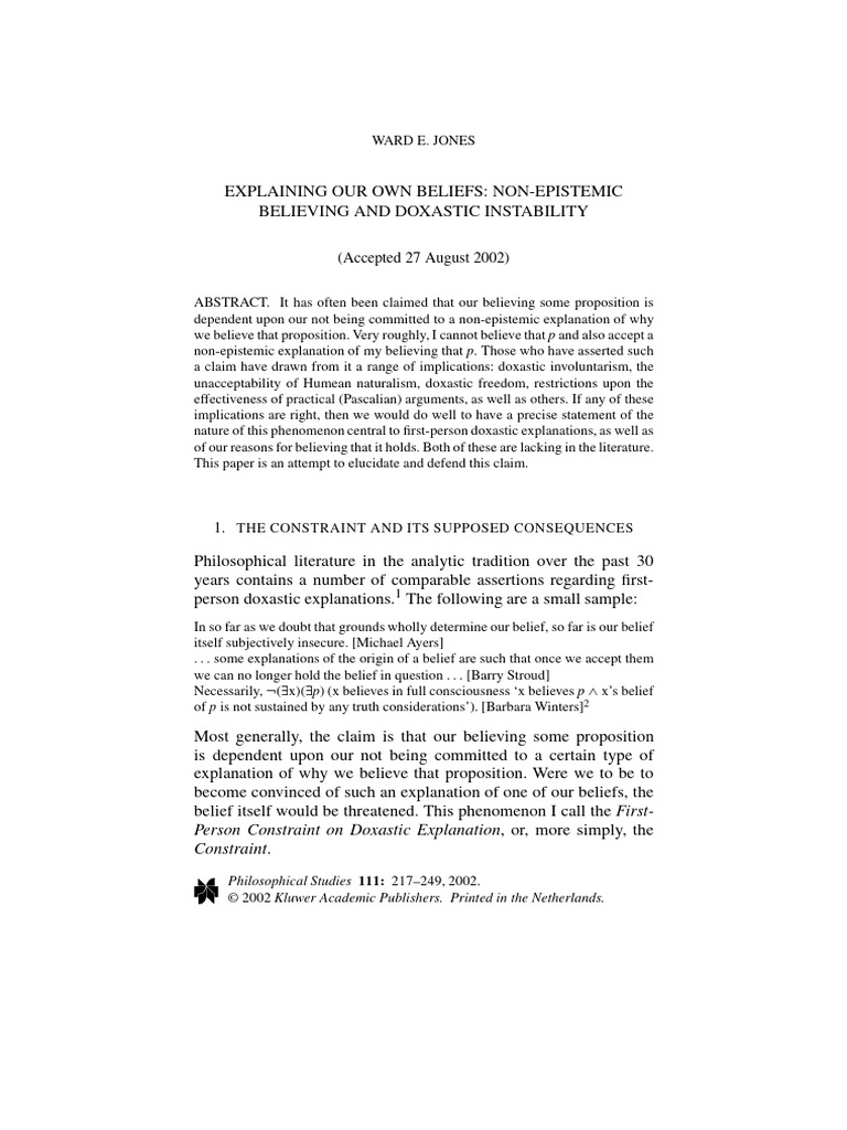 Explaining Our Own Beliefs (Philosophical Studies) | Download Free PDF ...