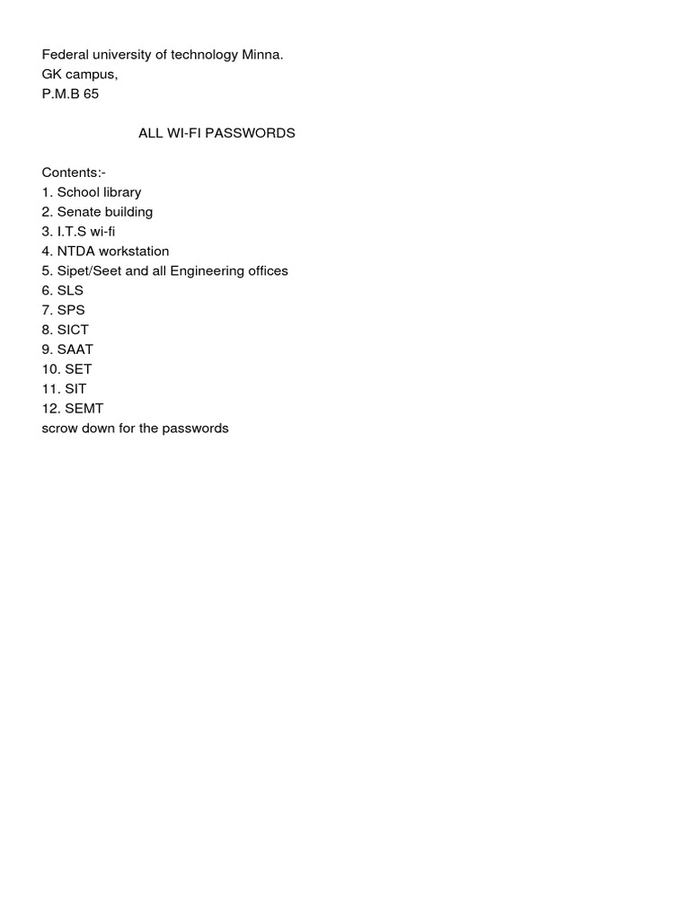 Fut-Minna Wi-Fi Passwords GK Campus | PDF