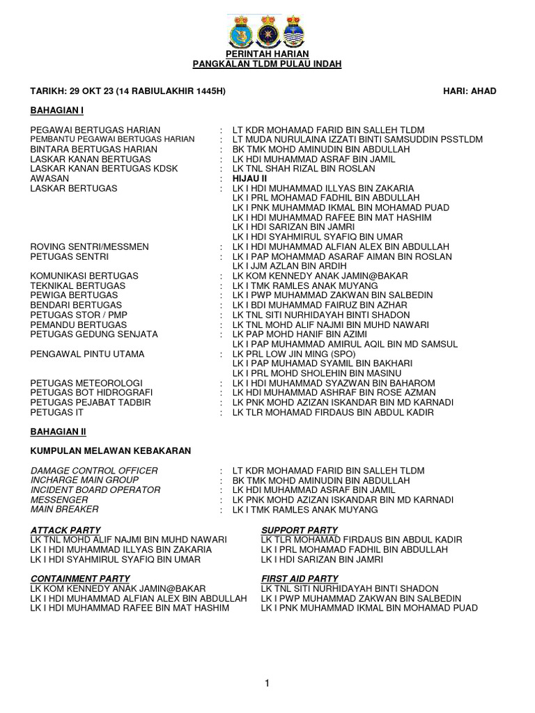 Perintah Harian 29 Okt 23 Ahad (Hijau II) | PDF