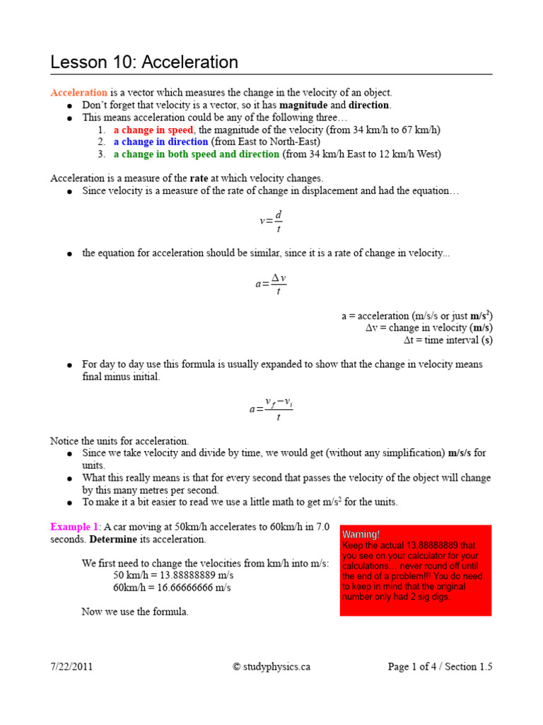 PHY 113 (Acceleration) | Download Free PDF | Acceleration | Velocity