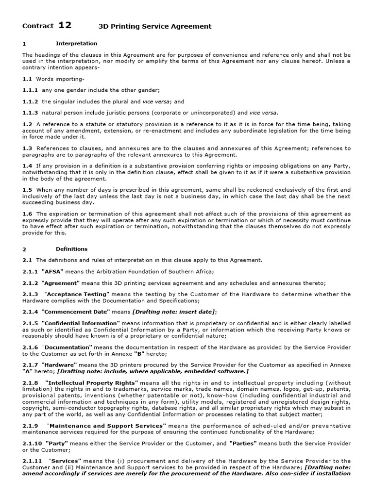 Contract 12 3D Printing Service Agreement | PDF