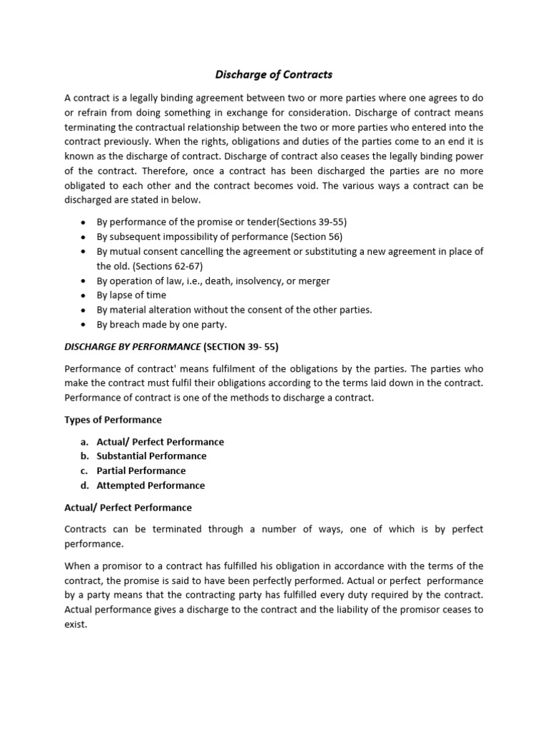 Discharge of Contracts: Discharge by Performance (Section 39-55) | PDF ...