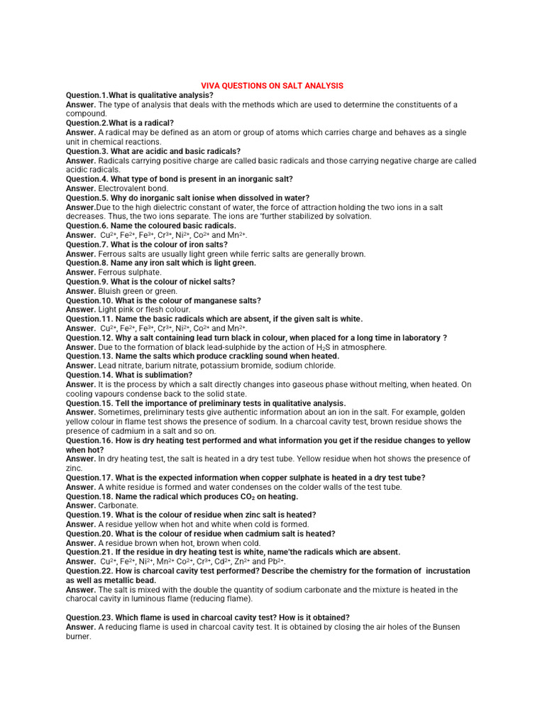 Salt Analysis Viva Questions Guide | PDF | Chemistry | Titration