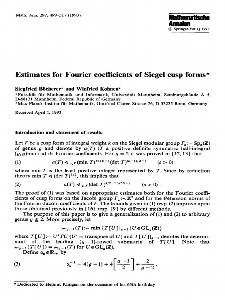 Bocherer Kohnen 1993 Estimates Of Fourier Coefficients Of Siegel Cusp Forms Pdf Mathematical