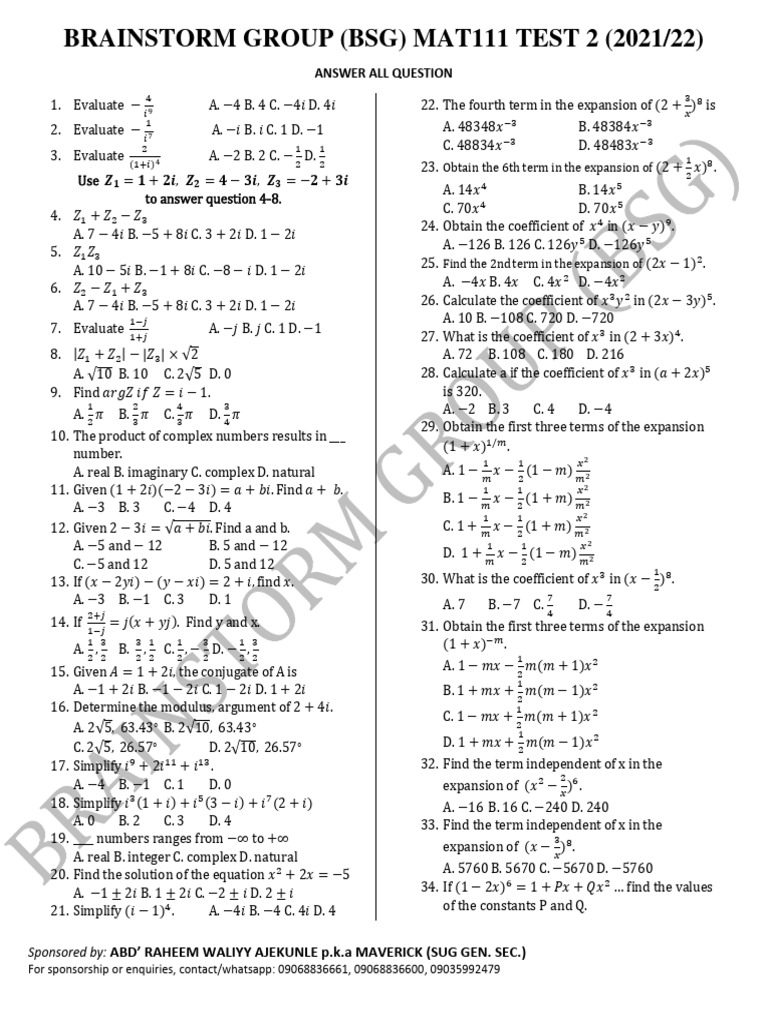 BSG Mat111 Test | PDF | Elementary Mathematics | Mathematics