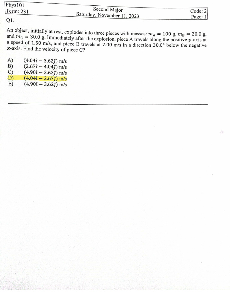 phys 101 term 231 major 2 answer key | PDF