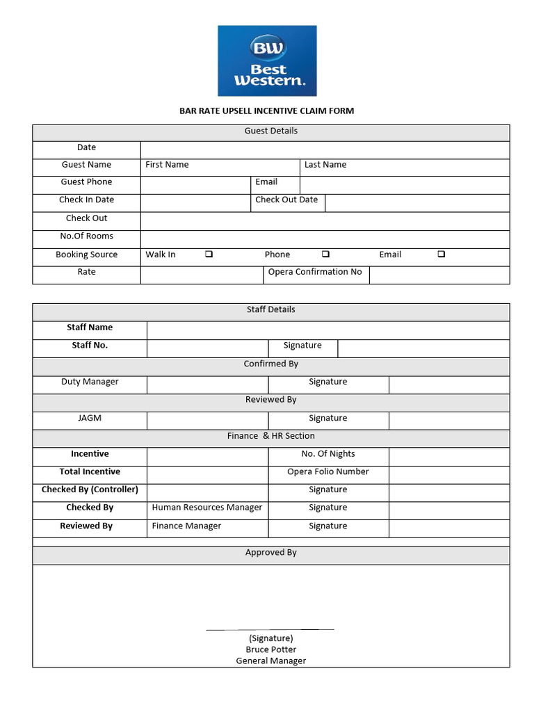 Bar Rate Upsell Incentive Claim Form | PDF