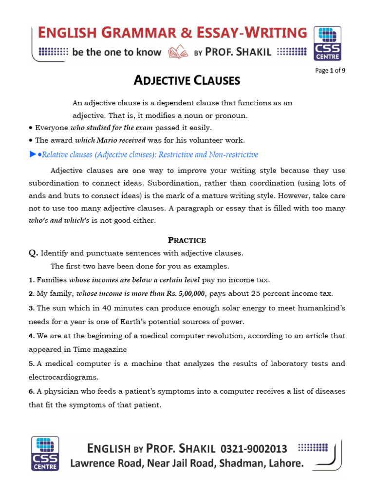 Adjective Clauses Final | PDF | Adjective | Subject (Grammar)