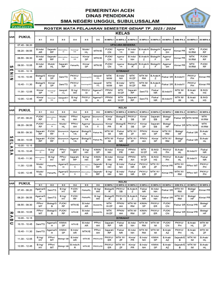 Jadwal KBM Sem 2 TA 2023-2024 SMAN UNGGUL SUBULUSSALAM | PDF