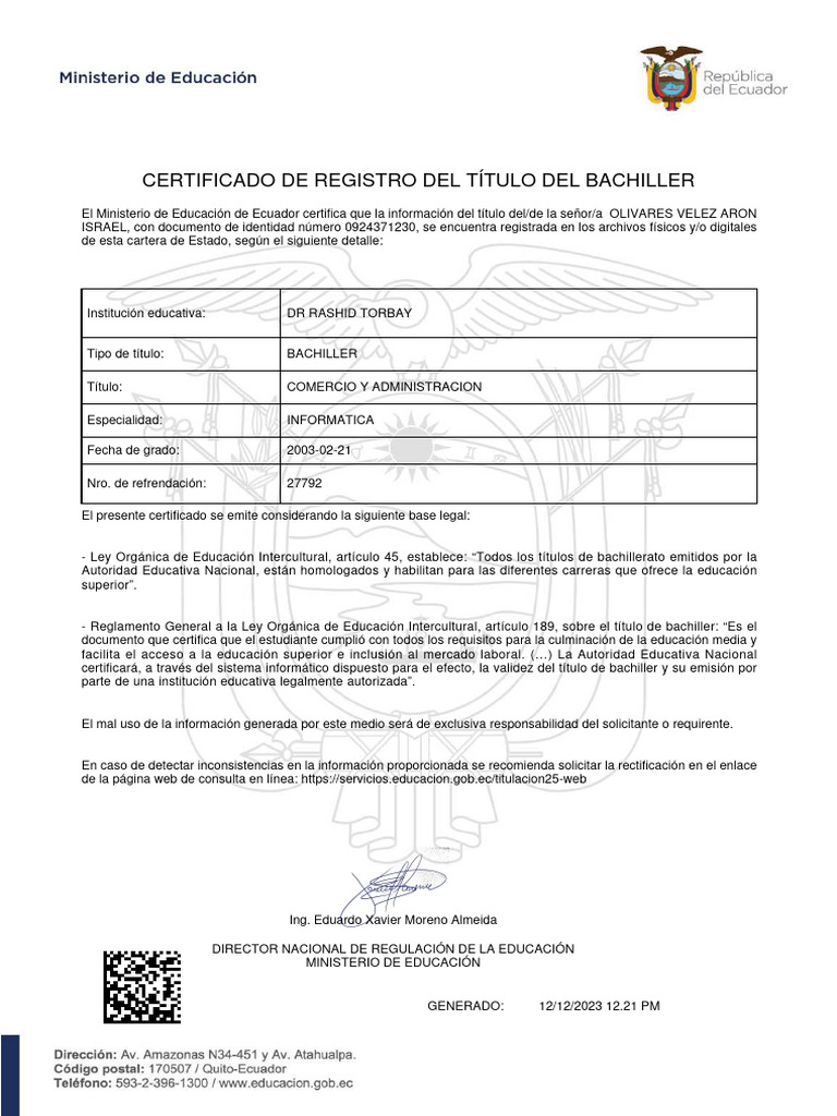 Certificado Titulo de Bachiller | PDF