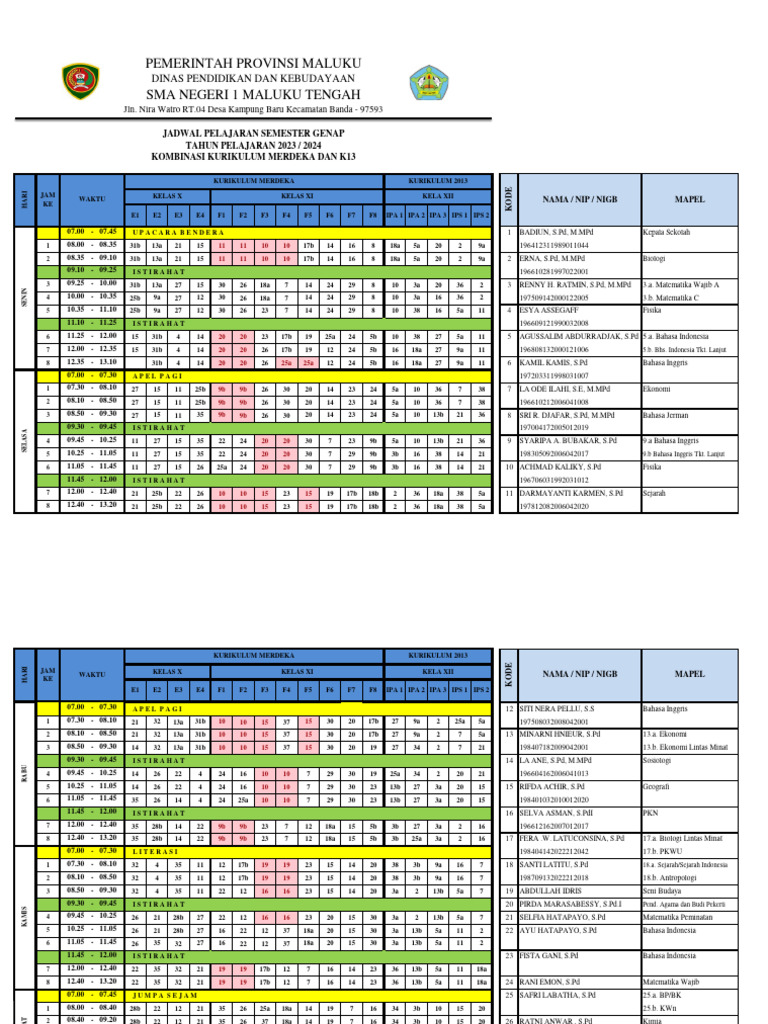 Jadwal Pelajaran Sem. Genap TP 2023-2024 | PDF