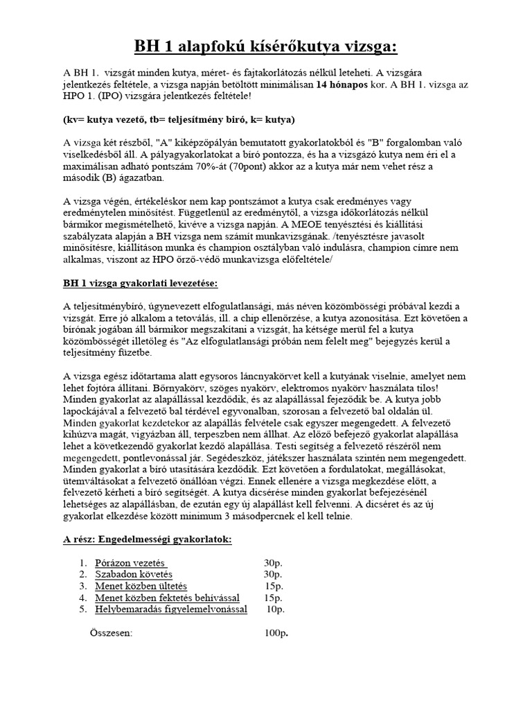 BH 1 Alapfoku Kiserokutya Vizsga | PDF
