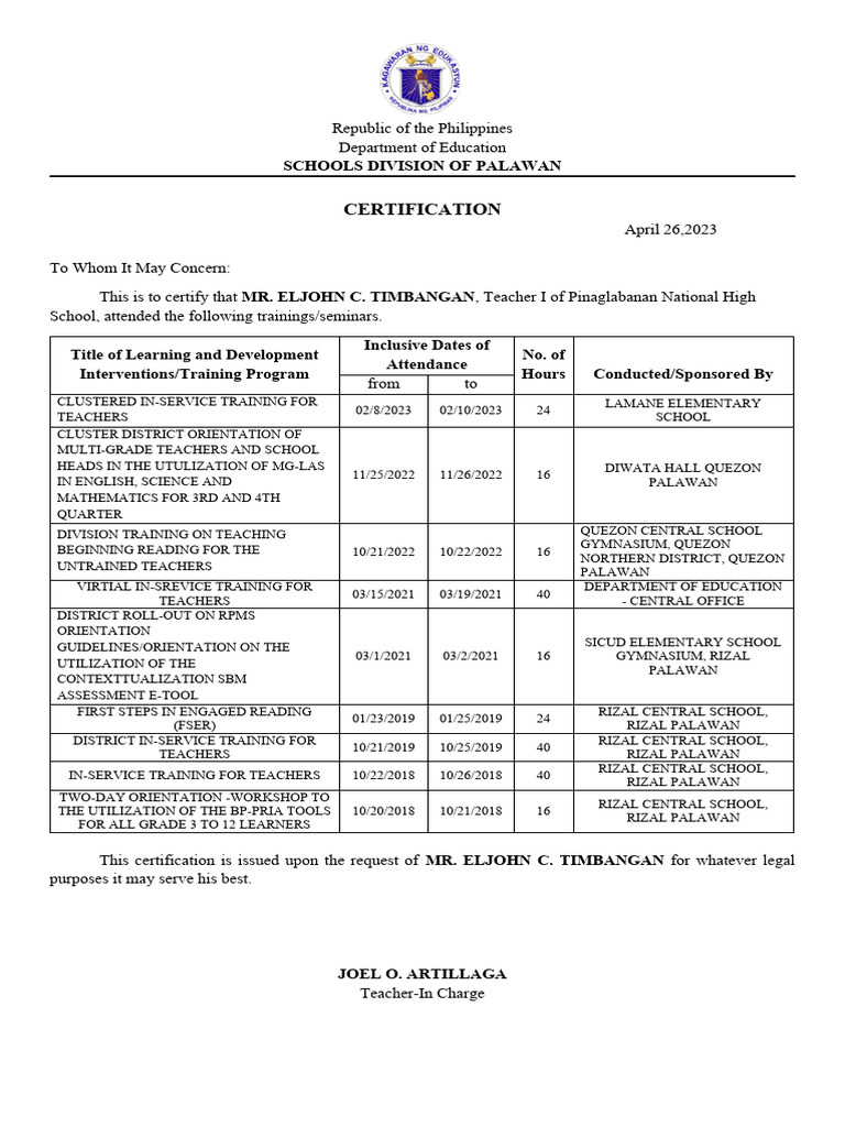 Certification of Seminars Attended | PDF | Teaching | Cognition