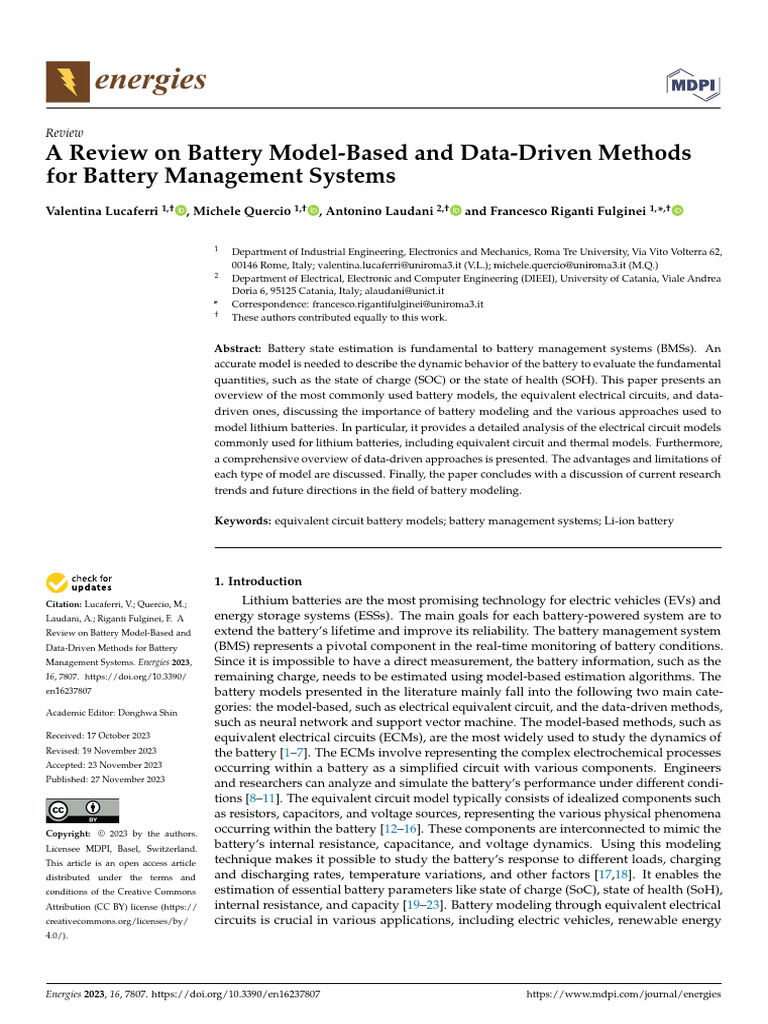 Energies: A Review On Battery Model-Based and Data-Driven Methods For Battery Management Systems ...