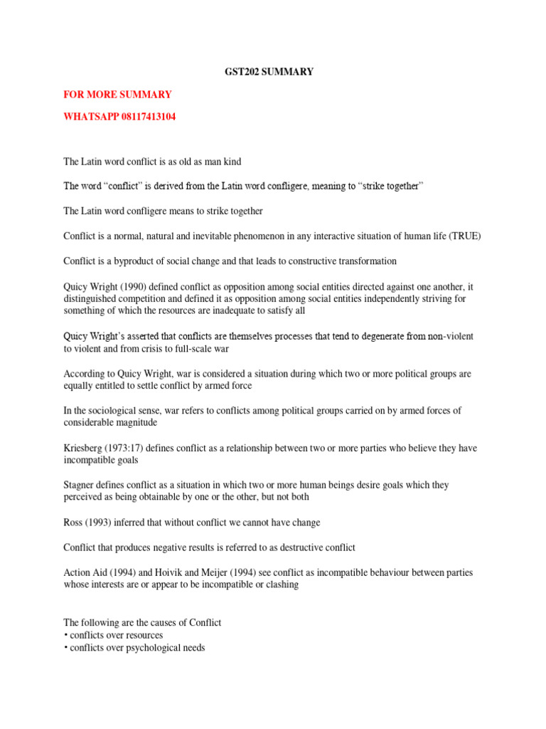GST202 Fundamentals of Peace Studies and Conflict Summary | PDF | Mediation | Peace