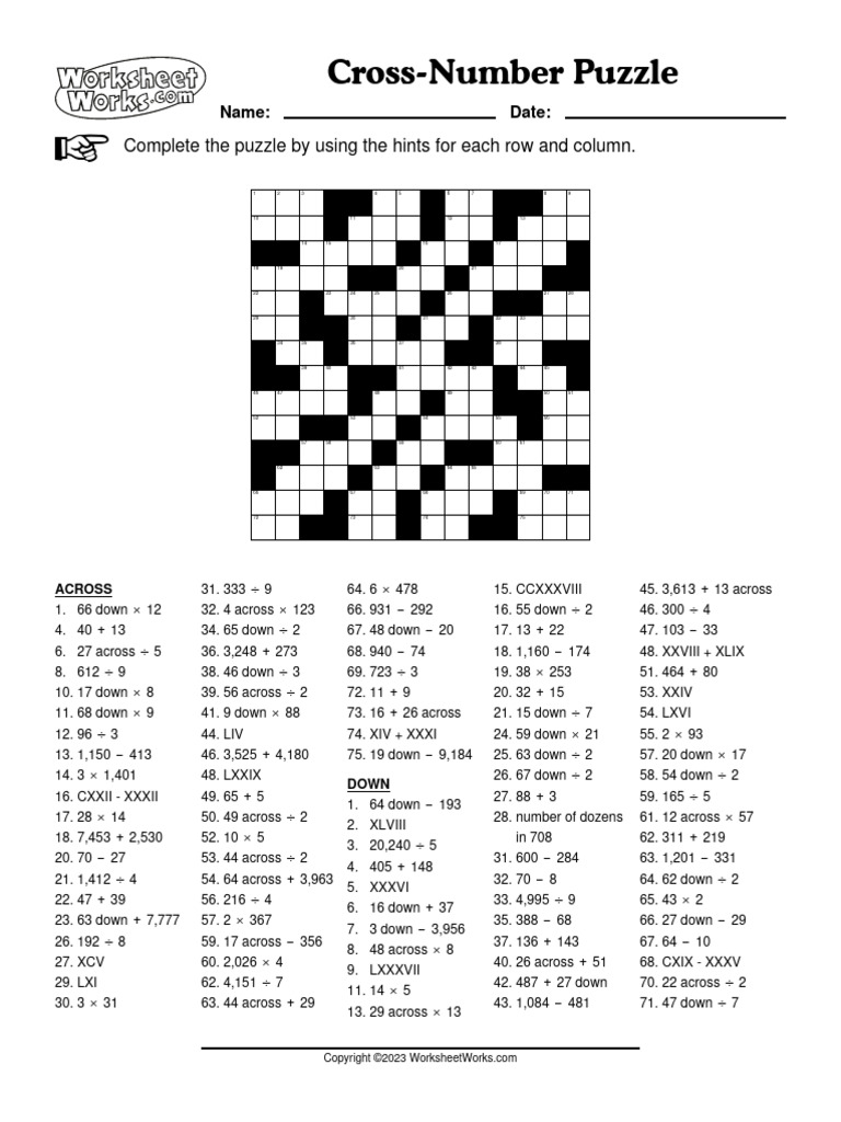 WorksheetWorks_CrossNumber_Puzzle_1 | PDF