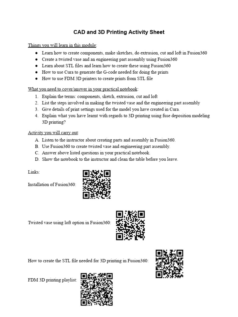 CAD and 3D Printing Activity Sheet For Students | PDF