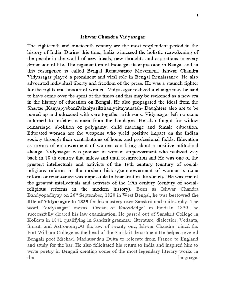 Ishwar Chandra Vidyasagar: Social Reformer | PDF | History