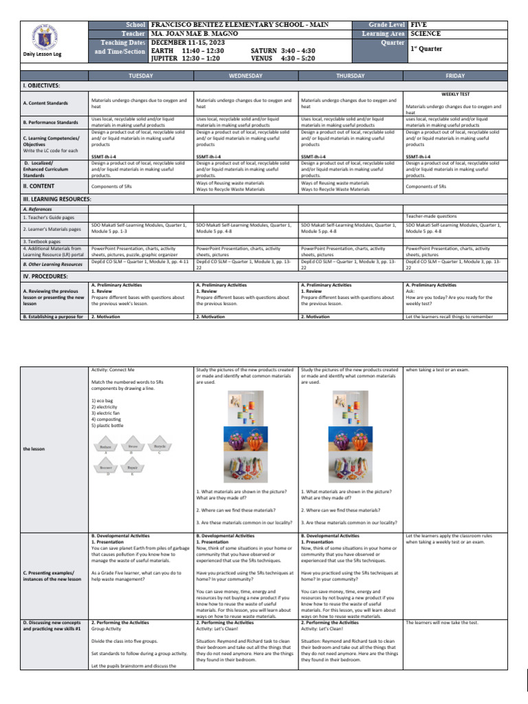 Science DLL Week 7 December 11 15 2023 | PDF | Reuse | Waste