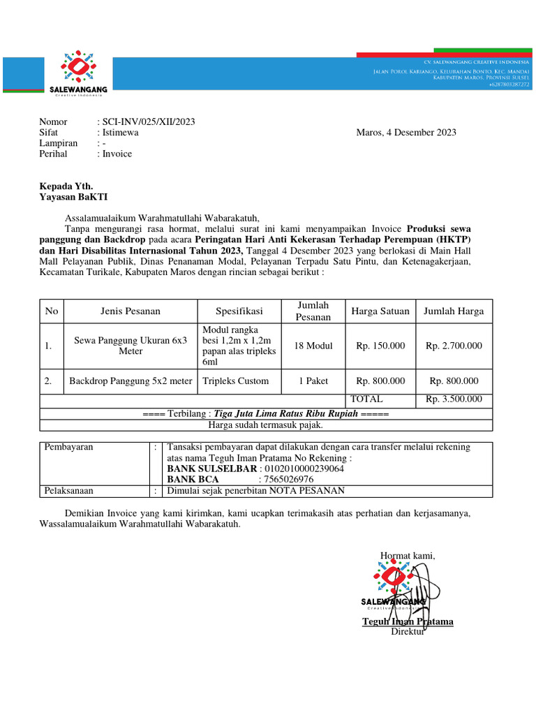 Invoice SCI - Panggung Dan Backdrop - Yayasan BaKTI | PDF