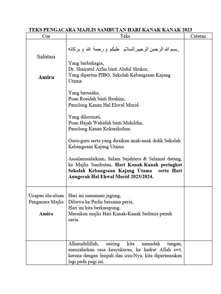 TEKS PENGACARA MAJLIS HARI KANAK KANAK 2023 | PDF