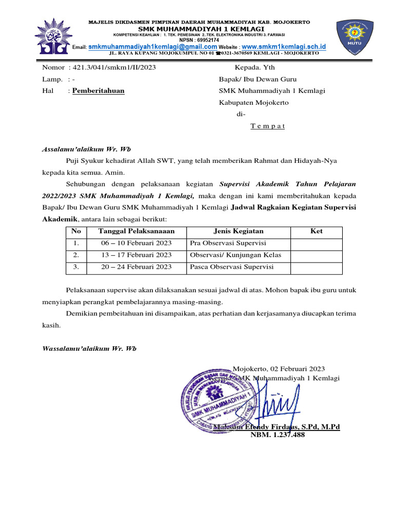 Surat Pemberitahuan Agenda Kegiatan Supermik TP 2022-2023 | PDF