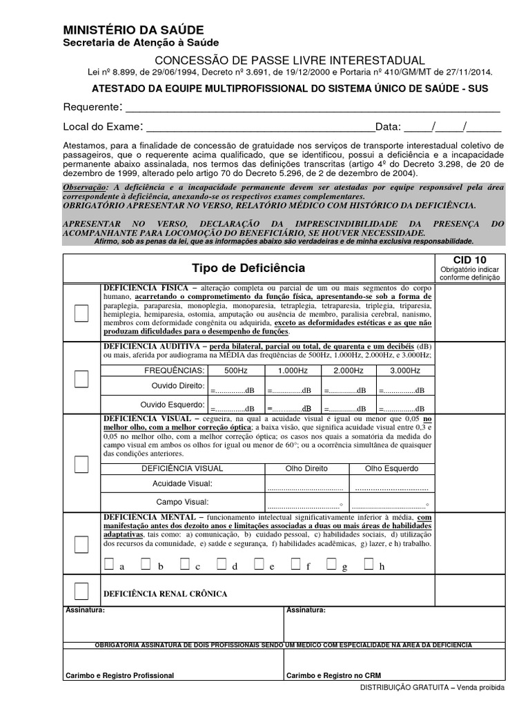 Formulário para Passe Livre Interestadual | PDF | Deficiência visual ...