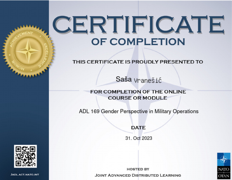 ADL 169 Gender Perspective in Military Operations Vranesi - Certificate ...