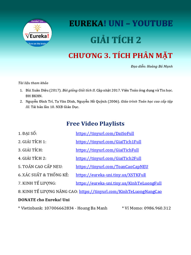 Eureka Uni - Giải tích 2 - Ch3 - Tích phân mặt loại 2 | PDF