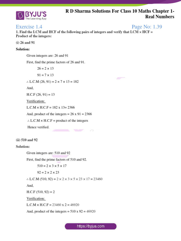 Class 10 Maths: LCM & HCF Solutions | PDF | Numbers | Mathematical Concepts