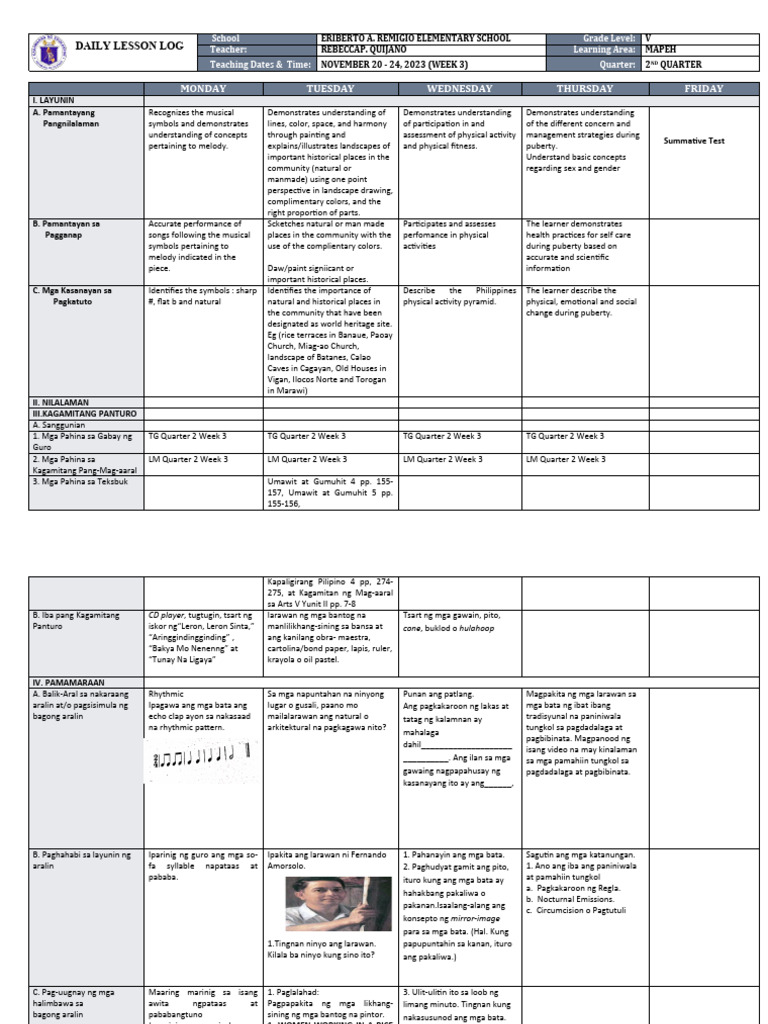DLL - Mapeh 5 - Q2 - W3 | PDF