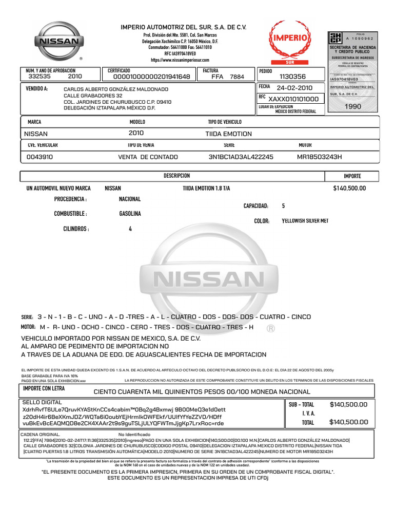 Factura Nissan | PDF | Estilos de carrocería | Tecnología de vehículos