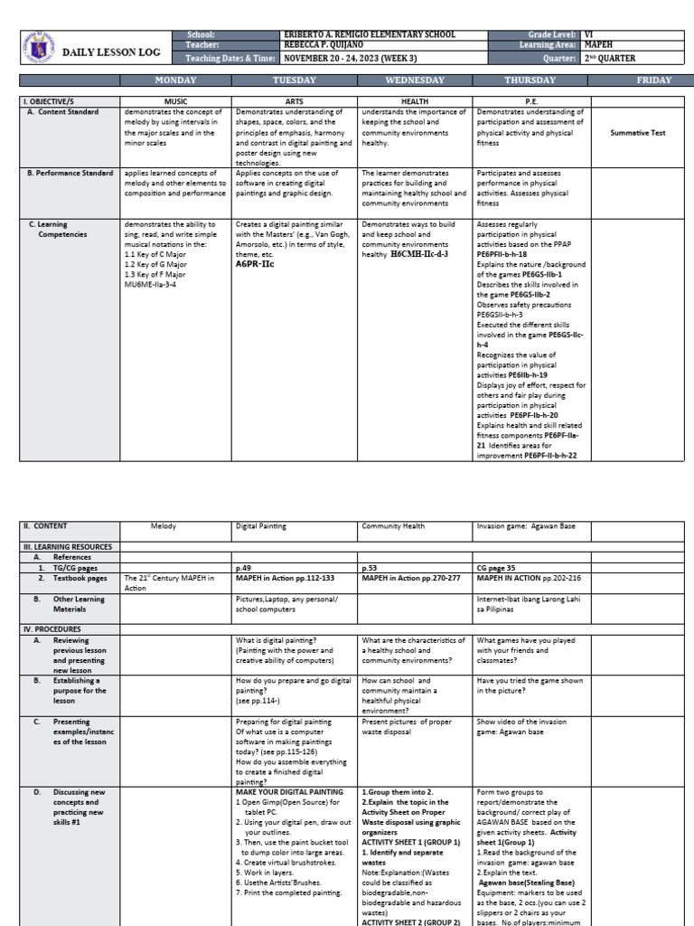 DLL - Mapeh 6 - Q2 - W3 | PDF | Learning | Waste