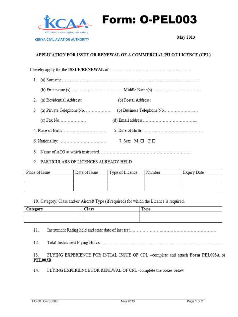 CPL License Application Form Kenya | PDF | Flight Instructor | Aviation