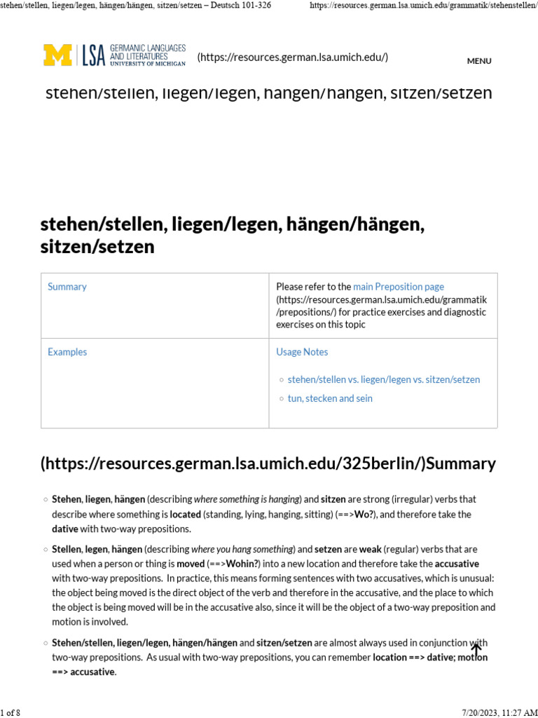 German Verbs: Position vs. Motion | PDF | Preposition And Postposition ...