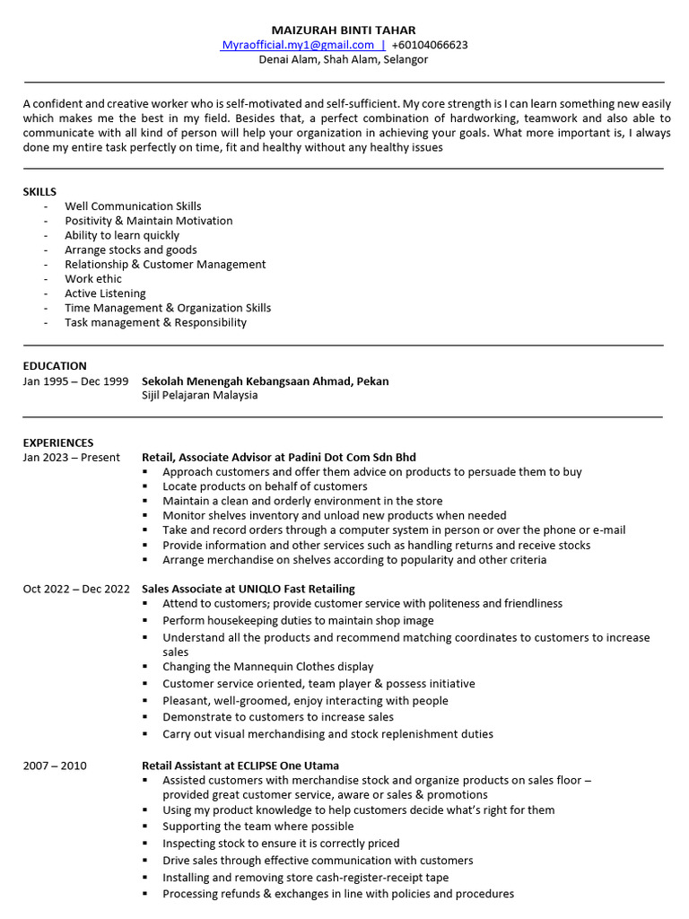 Resume Maizurah Binti Tahar | PDF | Sales | Business