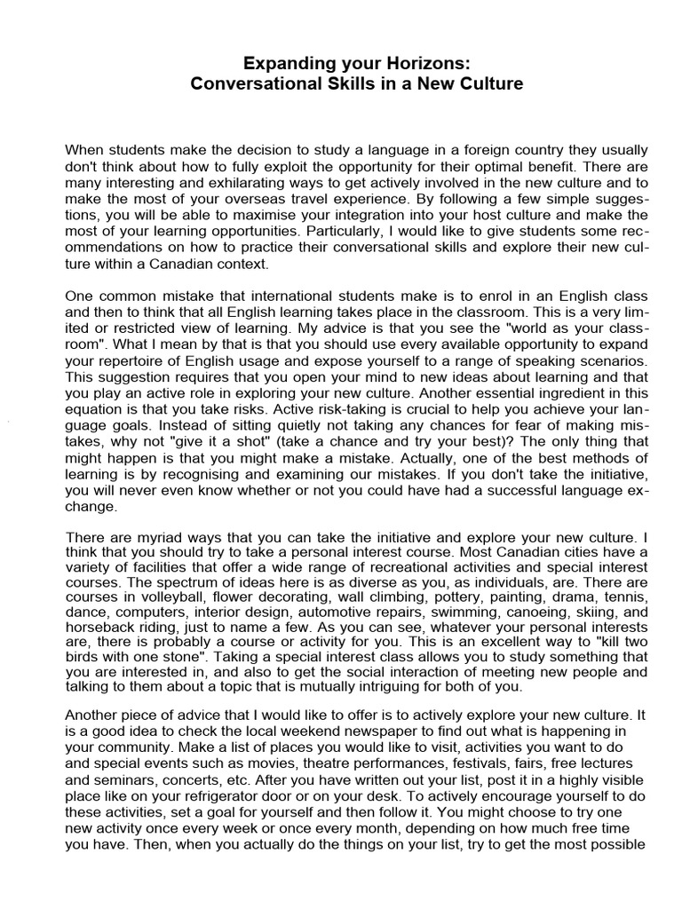 Reading Task - Conversational Skills in A New Culture - Nora Sanchez ...