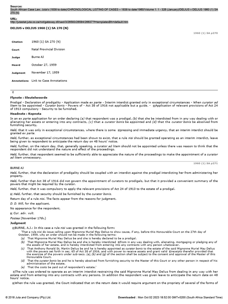 DELIUS V DELIUS 1960 (1) SA 270 (N) | PDF | Judgment (Law) | Injunction
