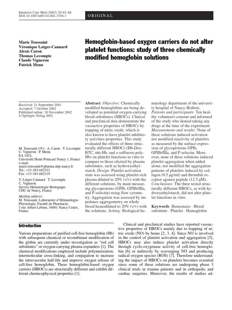 2003 Hemoglobin-Based Oxygen Carriers Do Not Alter | PDF