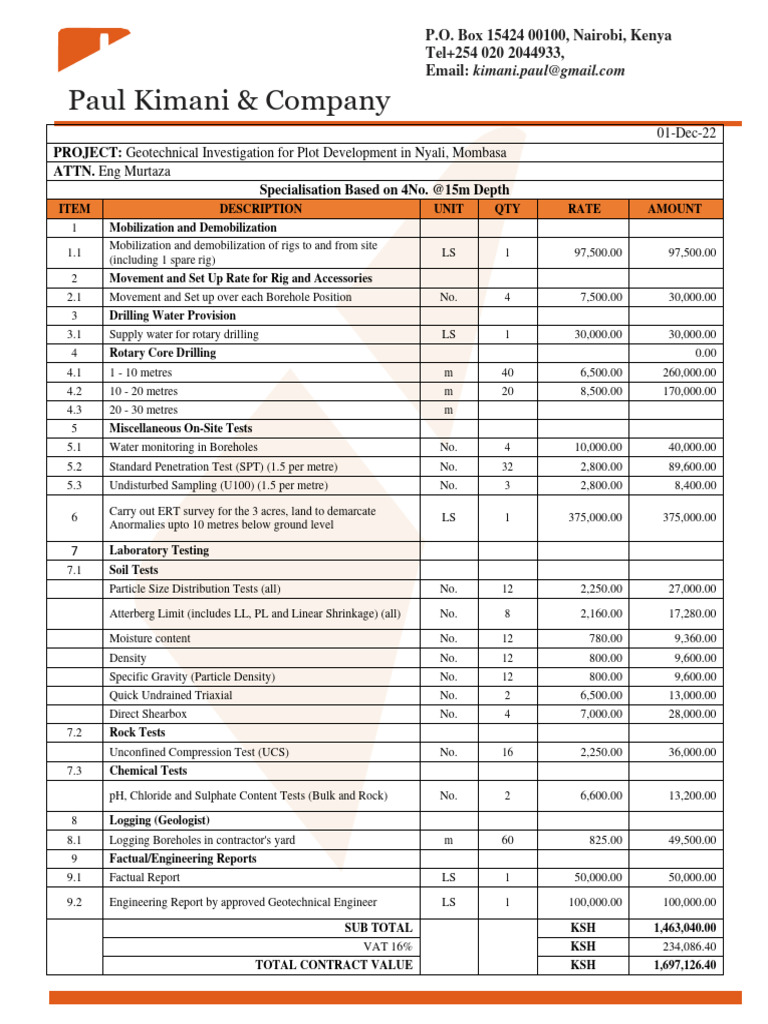 Boq Geotechnical Investigation For Plot Development in Nyali, Mombasa ...