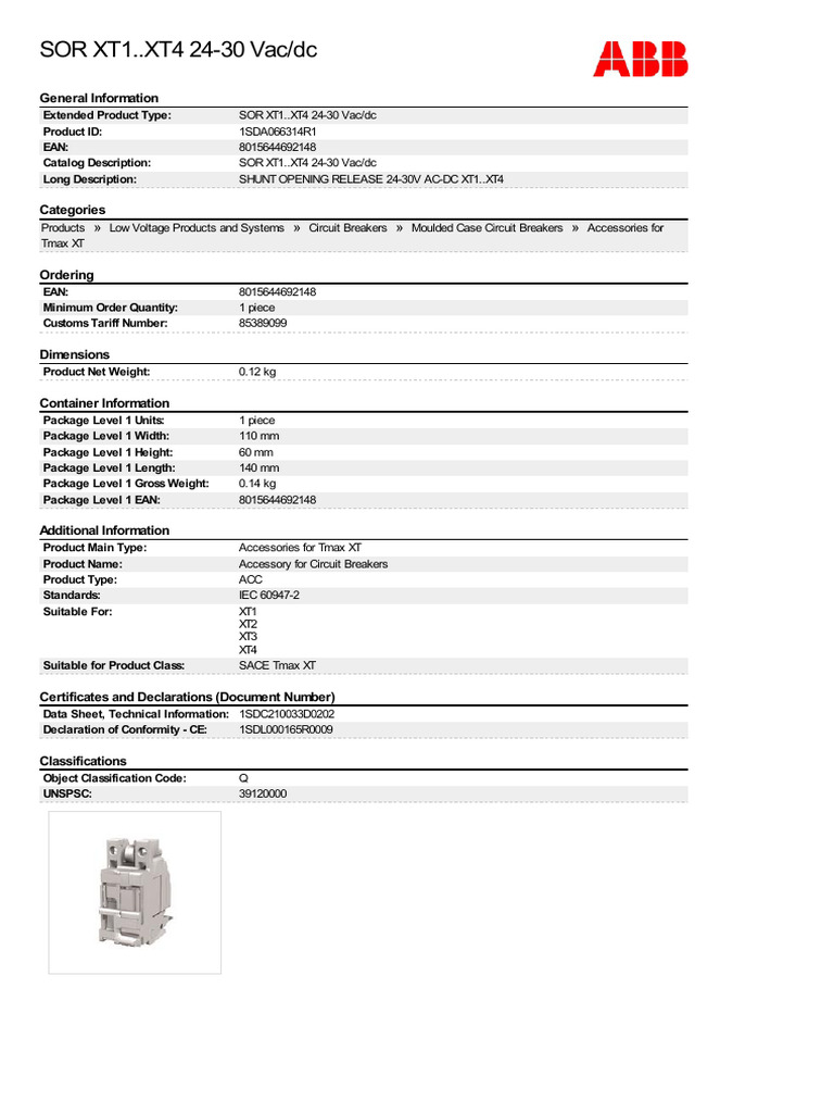 1SDA066314R1 Sor xt1 xt4 24 30 Vac DC | PDF