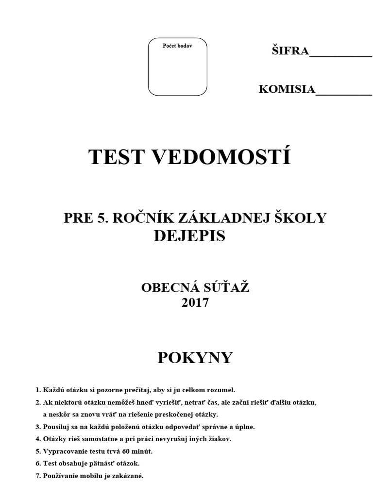 Test 5 Rocnik Dejepis Obecna Sutaz 2017 | PDF