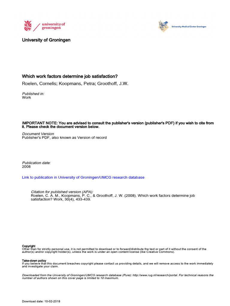 Roelen, 2008 | PDF | Job Satisfaction | Behavioural Sciences