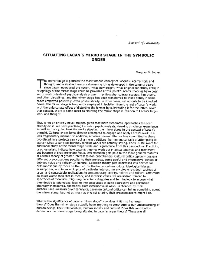 Sadler - Situating Lacans Mirror Stage in The Symbolic Order | PDF